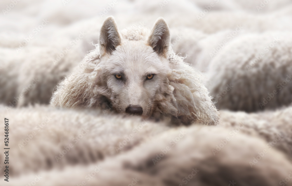 Wolf in a flock of sheep with wool clothing. Wolf pretending to be a ...