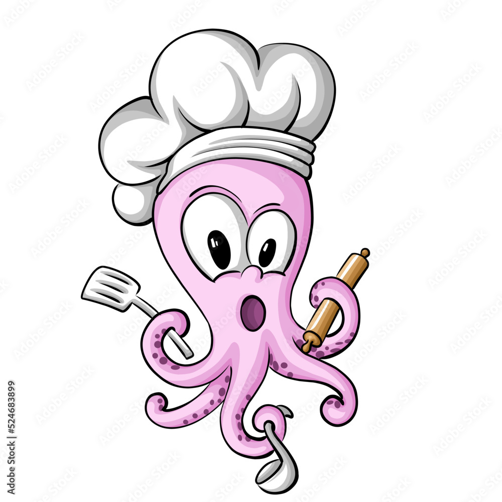 Cute vector octopus chef in white cooking hat character with wooden ...