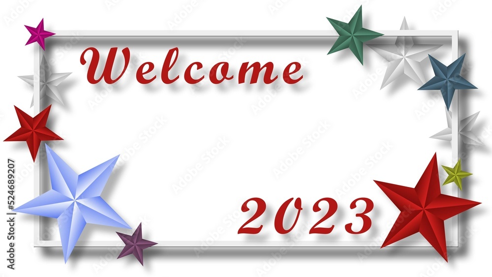 Welcome 2023 - coloured stars in paper craft design oer white frame on ...