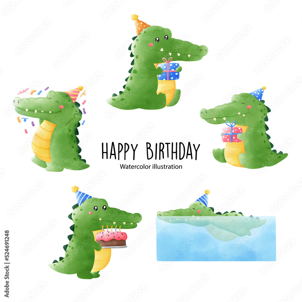 Watercolor cute crocodile birthday party, vector illustration Stock ...