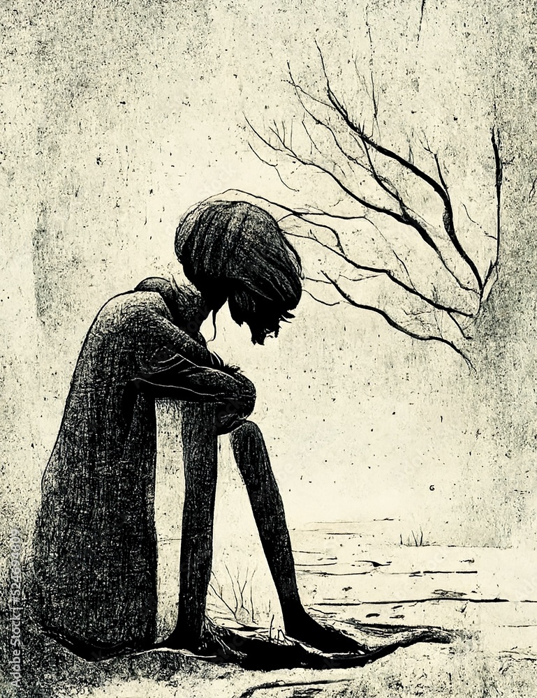 depression in a black and white illustration, lonely woman, rainy sad ...