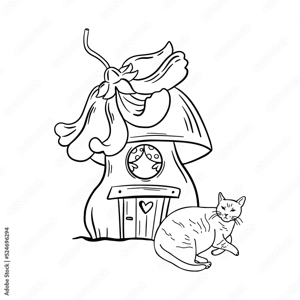 Outline house with cartoon cat. Coloring page illustration. Stock ...