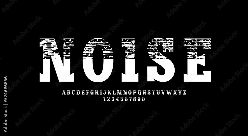 Texture font, bold slab serif alphabet, uppercase letters and numbers ...