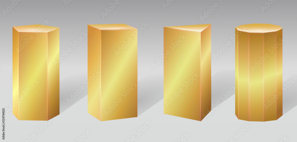 Gold podium stand, golden pillar. Metal glossy stages, 3d base tube ...