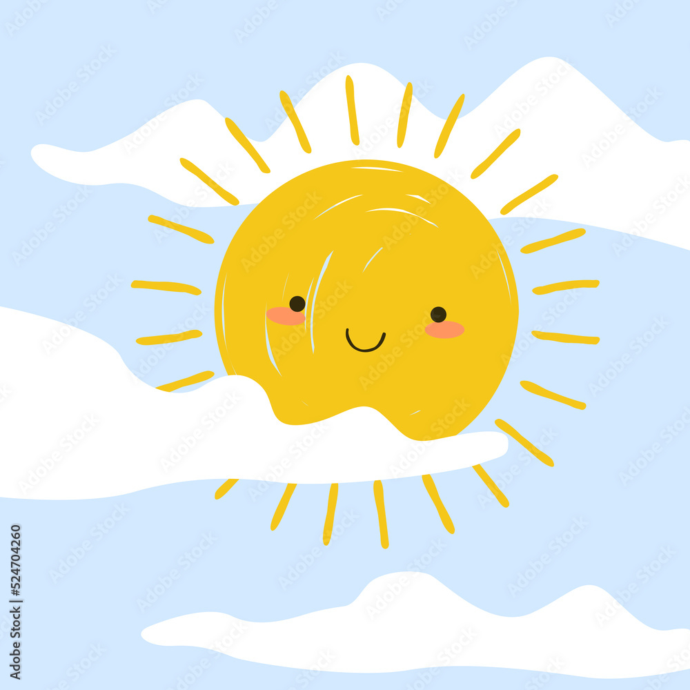 Doodle Sun. Cartoon cloudscape. Cute smiling happy face. Childish ...