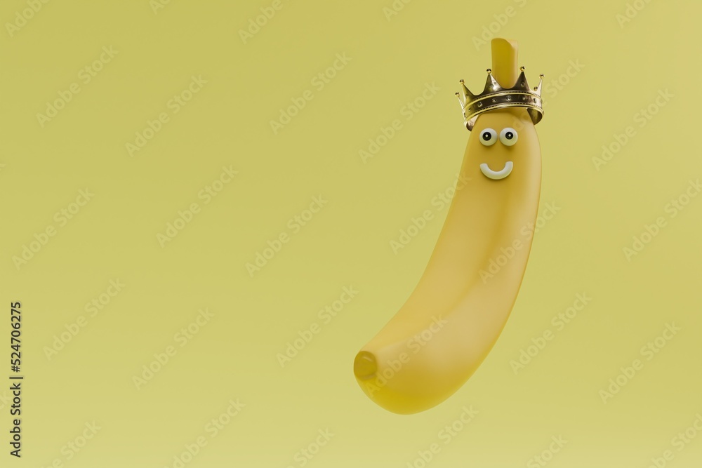 cool smiling banana in a golden crown. yellow banana in a crown on a ...