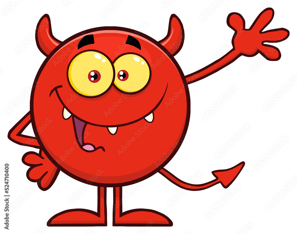 Happy Red Devil Cartoon Emoji Character Waving For Greeting. Hand Drawn ...