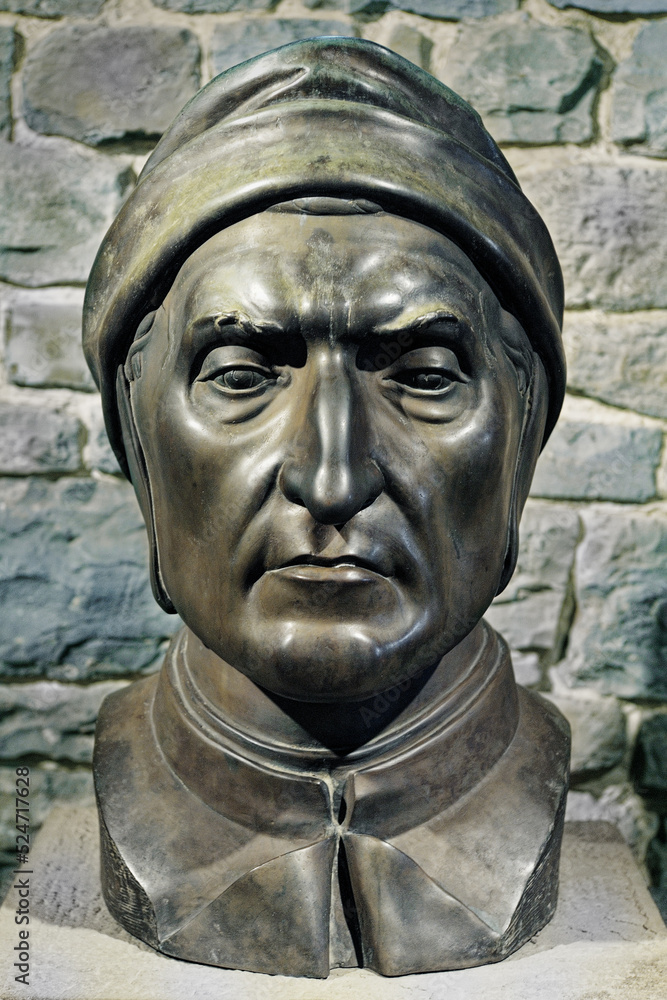 Bronze bust of Italian Renaissance writer Dante Alighieri. Author of ...