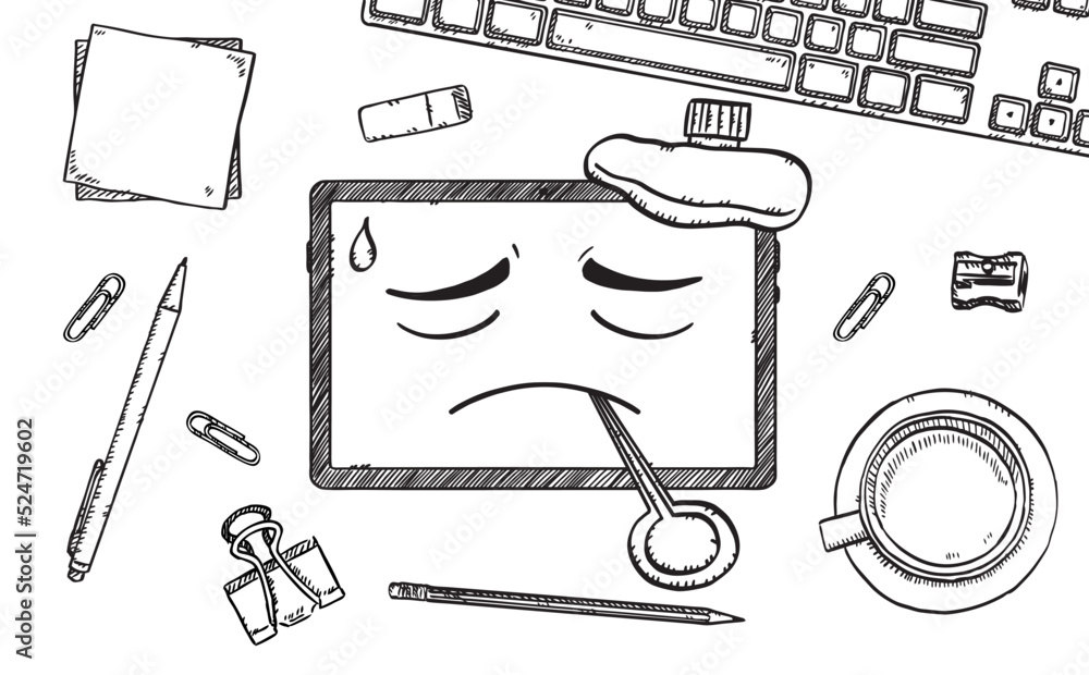 Black and white doodle illustration of sick tablet lying on office desk ...
