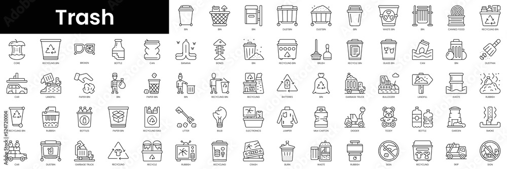 Vetor de Set of outline trash icons. Minimalist thin linear web icon ...