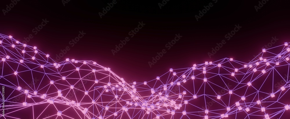 Neon plexus network with cubes background. Glowing purple digital ...