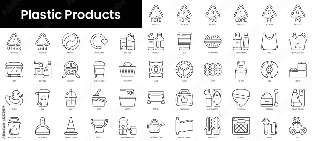 Set of outline plastic products icons. Minimalist thin linear web icon ...