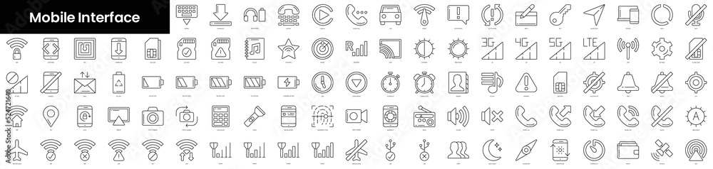 Set of outline mobile interface icons. Minimalist thin linear web icon ...