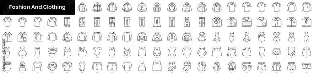 Set Of Outline Fashion And Clothing Icons Minimalist Thin Linear Web Icon Set Vector