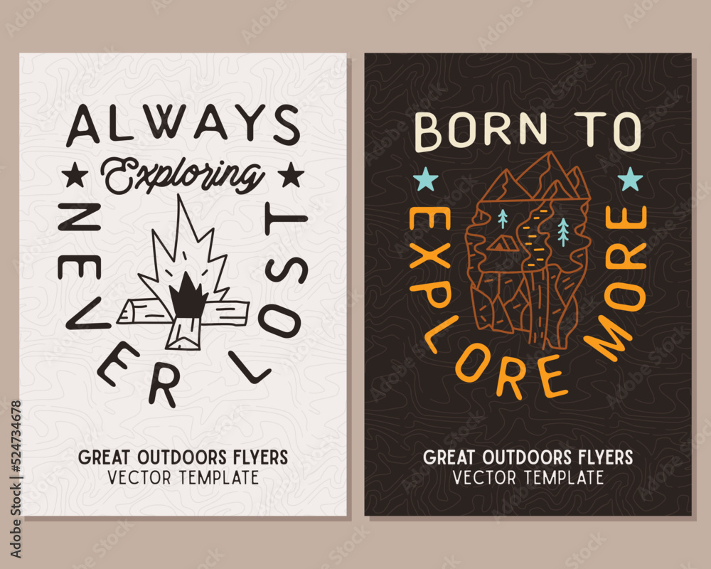 Camping flyer templates. Travel adventure posters set with line art and ...