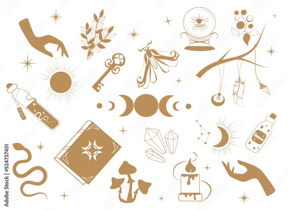 Set of witch items, moon, grimoire, hands, magic ball, crystals ...