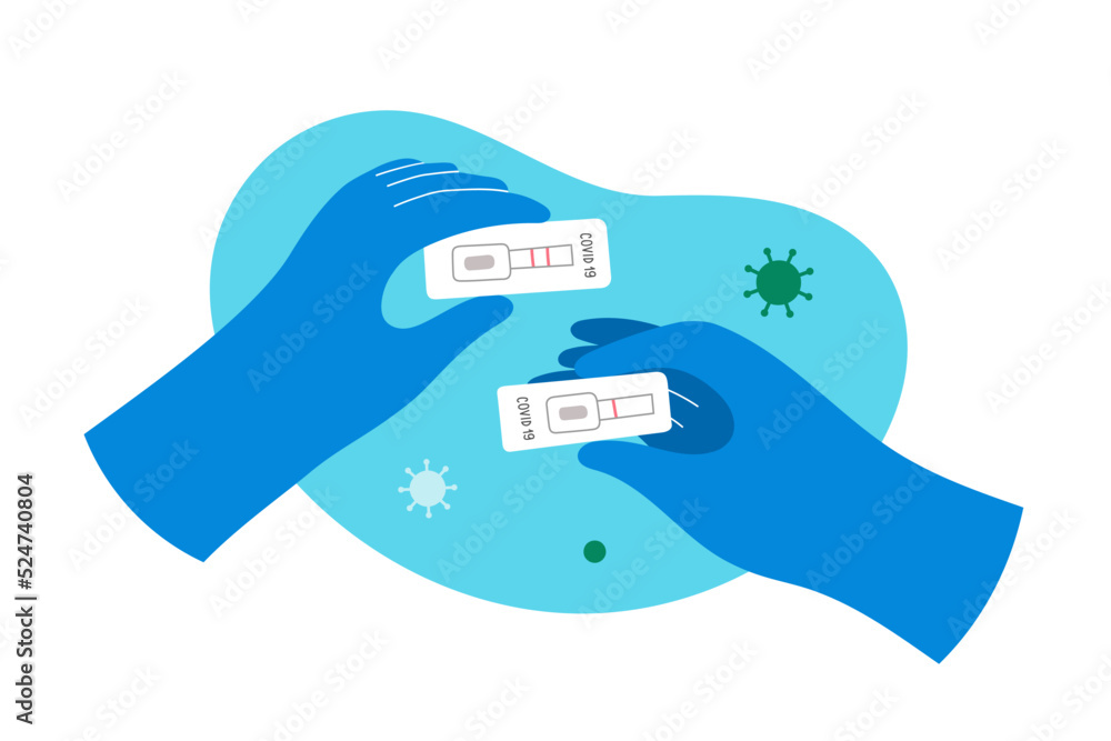 Rapid covid test result, holding express testing kits with positive and ...