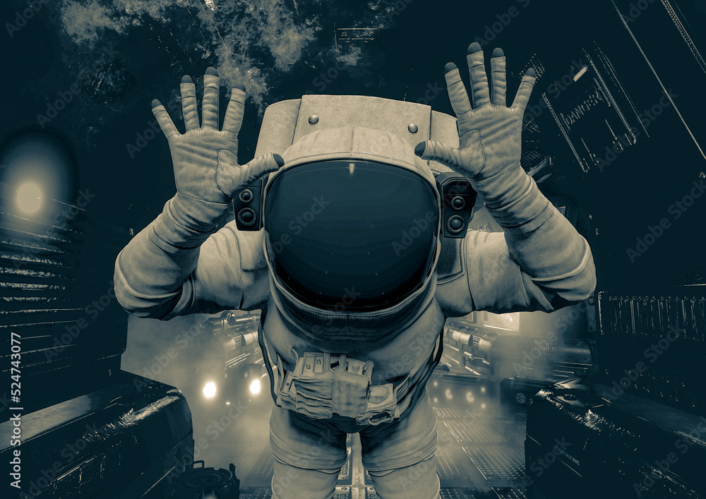 astronaut is trying to scare you in sci-fi spaceship background Stock ...