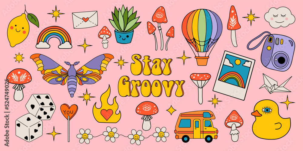 Groovy 70s hippie stickers set. Sticker pack in trendy retro ...