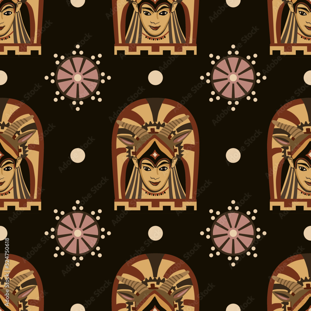 Seamless ethnic pattern with ancient Etruscan horned goddess. On black ...