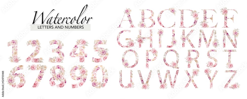 Watercolor alphabet and number set. Watercolour floral illustration ...