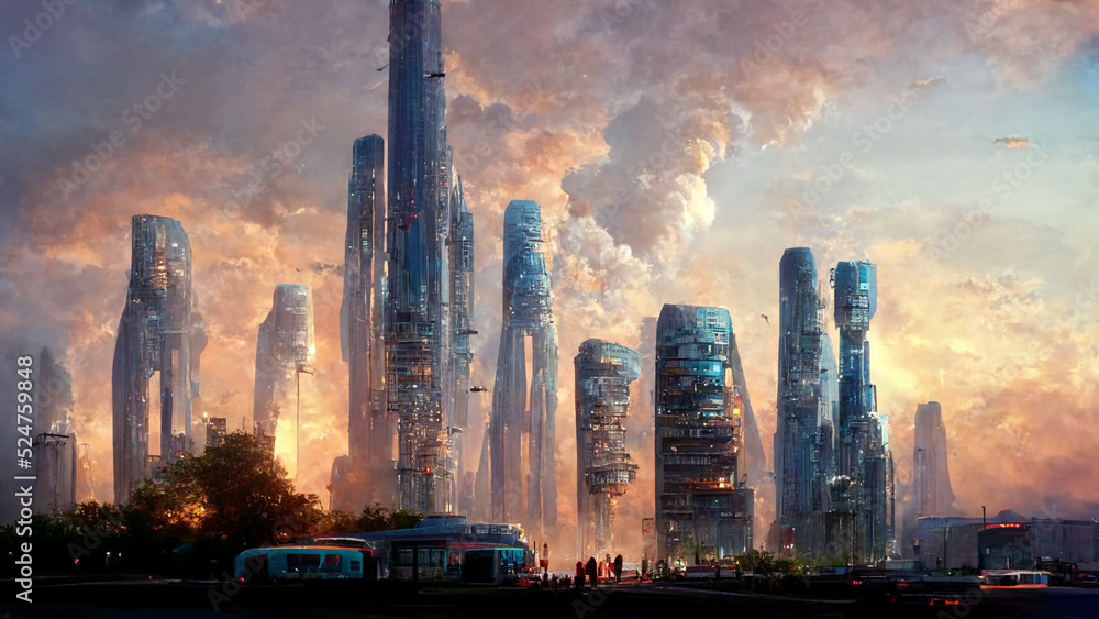 Panoramic view of future city skyline. Creative concept illustration of ...