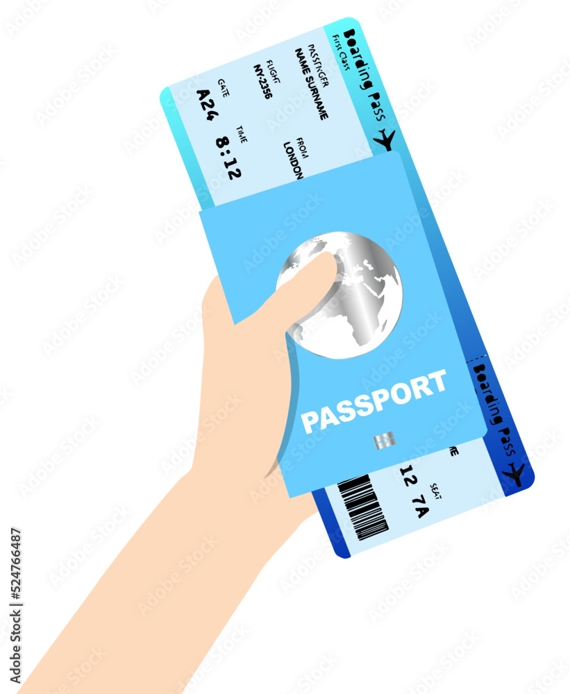 A hand holds a blue passport with the word passport and a silver globe ...