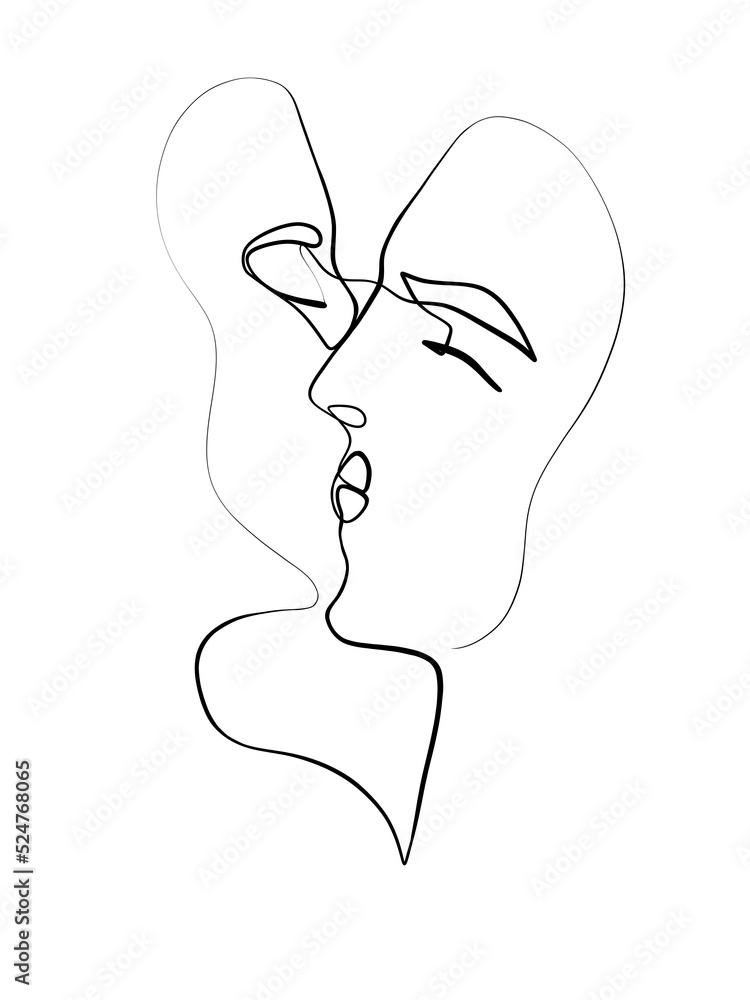 One line drawing of a couple kissing. Romantic expression. Hand drawn ...