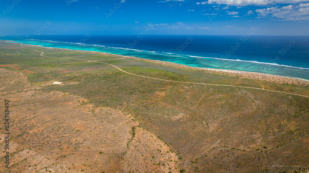 Areal view of the coastline in Cape Range National Park. The turquoise ...