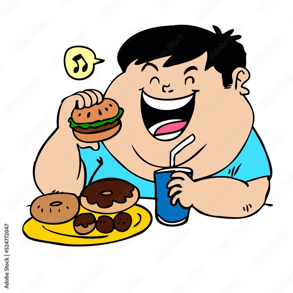 cartoon fat man eating a hamburger very deliciously Stock Illustration ...