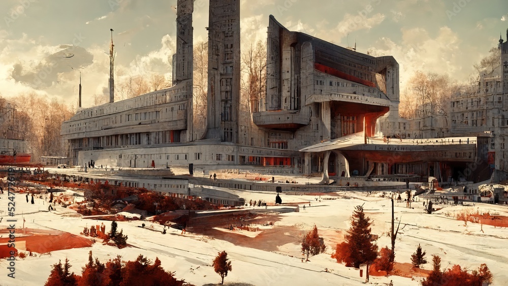 3D Illustration of a Modern future military base with brown colors and ...