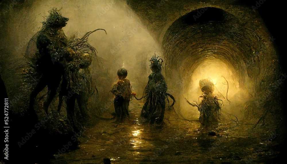3D Illustration of a Kids with the monster in the dark and dirty sewer ...