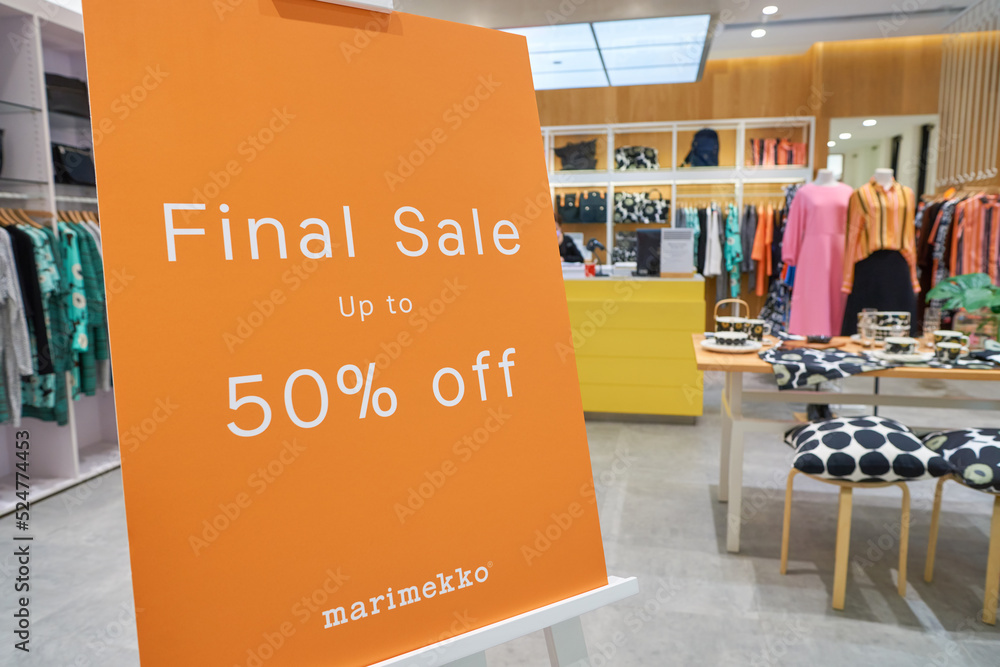 HONG KONG - CIRCA SEPTEMBER, 2016: Final sale sign at Marimekko store ...