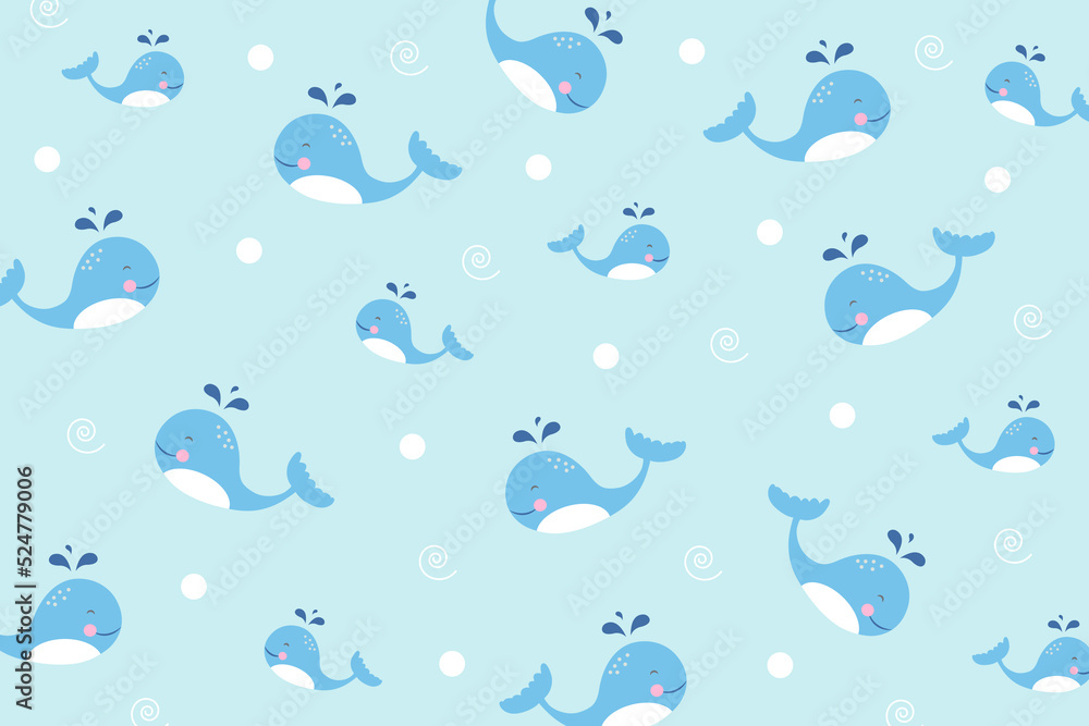Cute whale pattern with sea wave isolate on ocean blue background ...