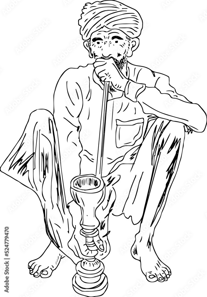 Indian old man smoking hookah cartoon drawing, farmer smoking hookah in ...