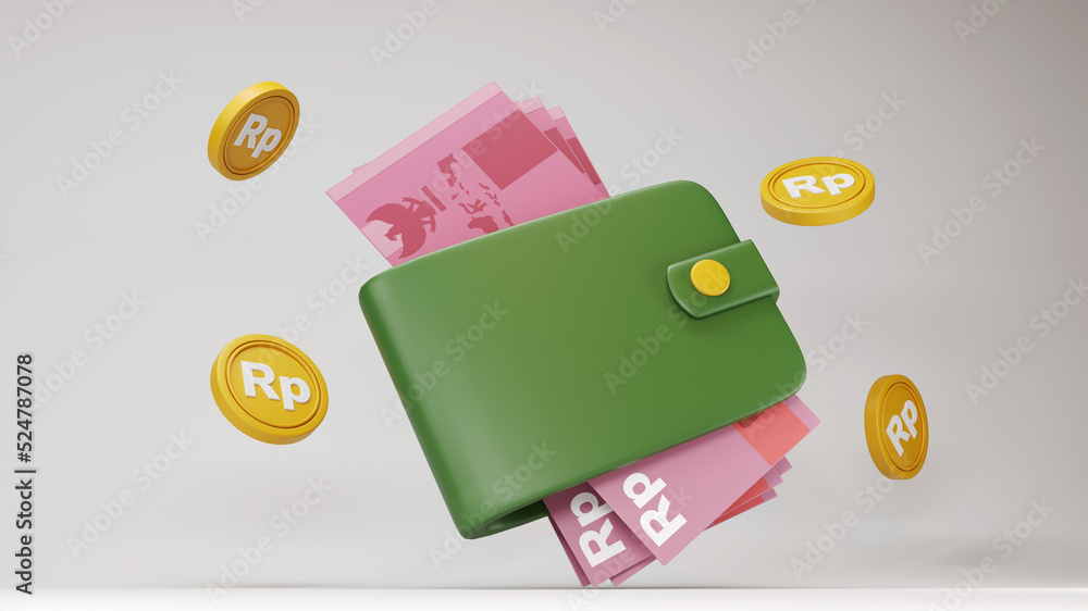 Bundle of rupiah cash wallet and floating coins. 3d render illustration ...