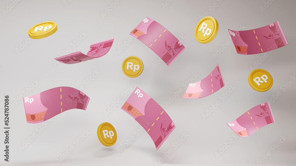 Falling rupiah or Indonesian Currency and gold coins. Using 3D ...