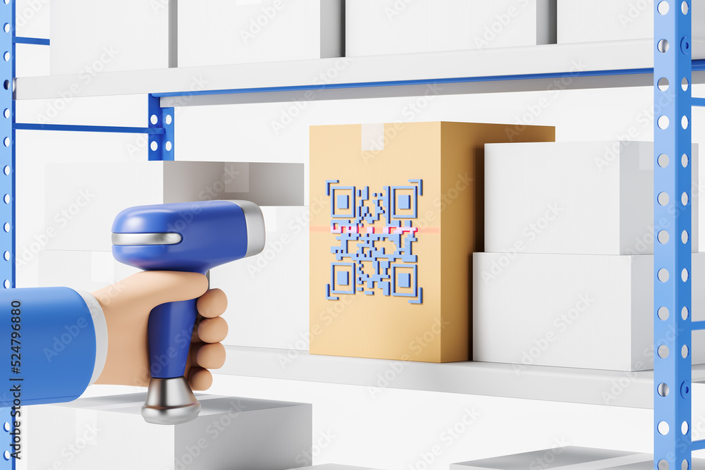 Cartoon hand with laser scanning a QR code on a cardboard parcel Stock ...