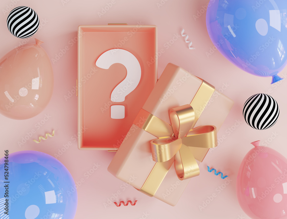 3D Gift box. Poster for gender reveal party Mystery Box with question ...