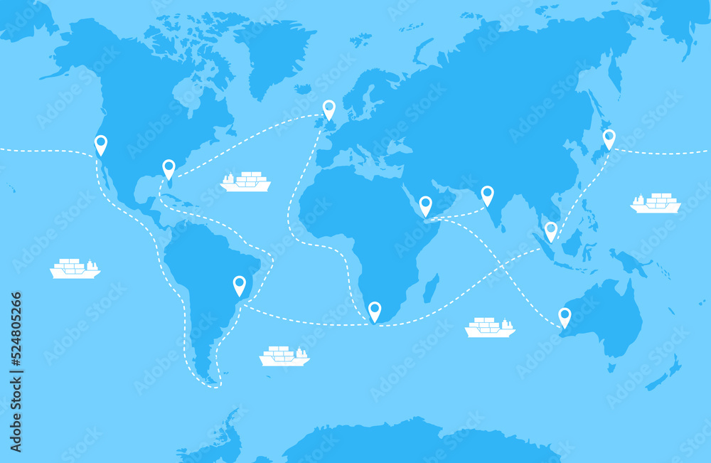 Poster Blue world map with white ships and sea transport routes – Wall ...