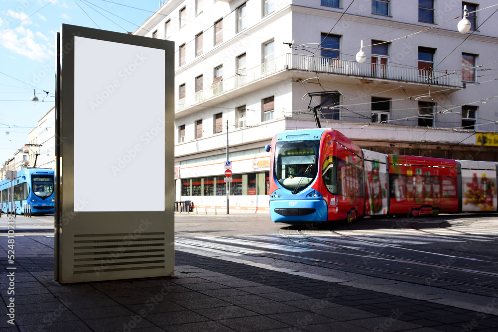 blank lightbox ad panel at tram stop. poster and advertising billboard ...