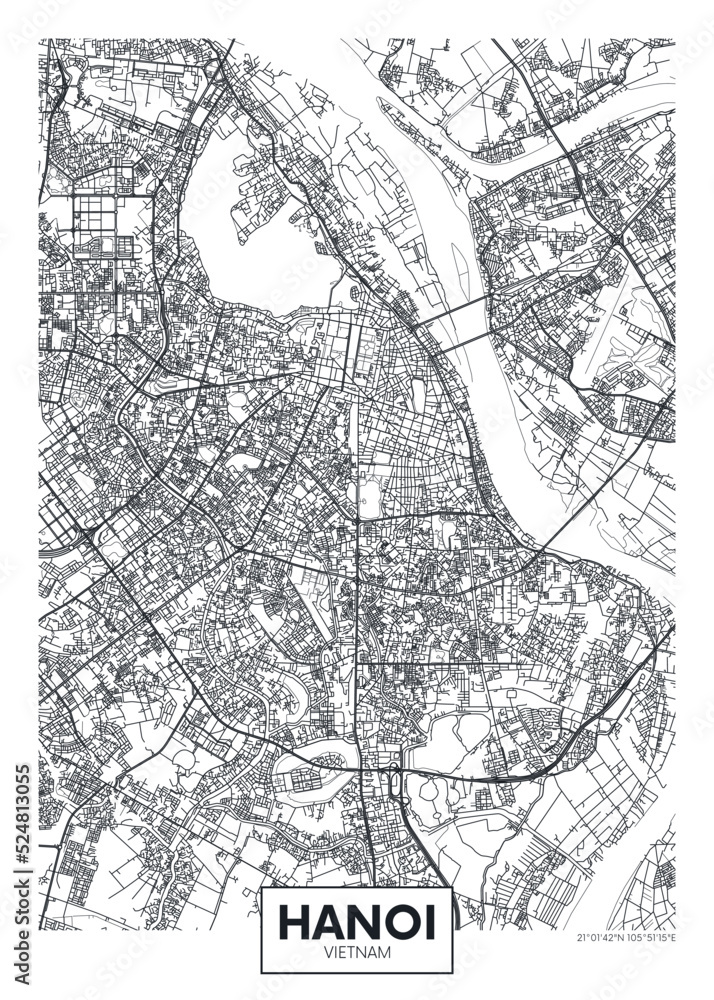 City map Hanoi, urban planning travel vector poster design Stock Vector ...