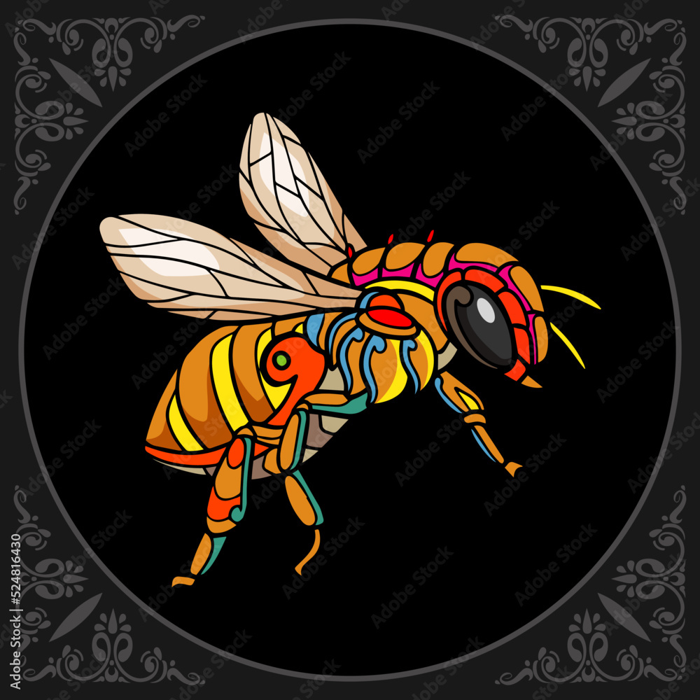 Colorful honey bee zentangle arts isolated on black background Stock ...