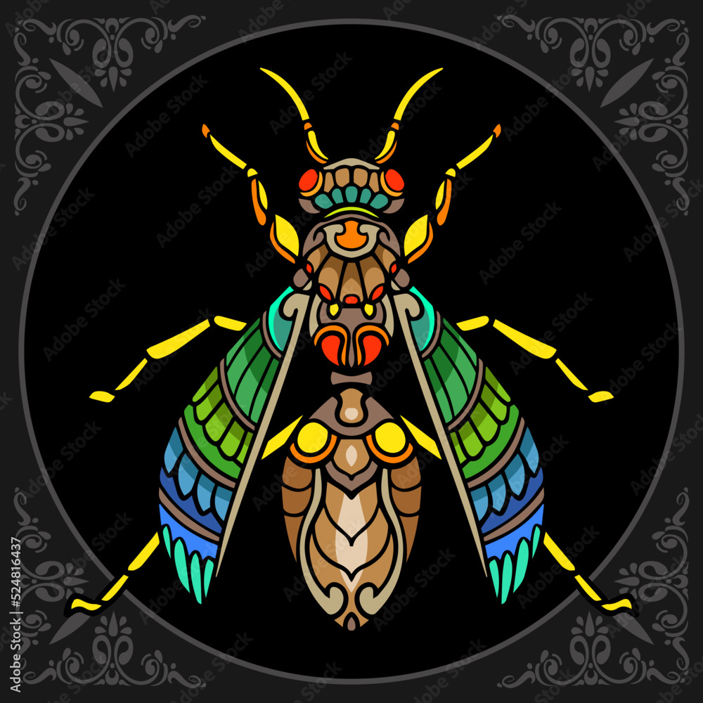 Colorful honey bee zentangle arts isolated on black background Stock ...