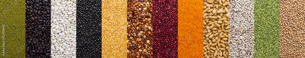 Banner of different types of legumes , chickpeas and peas, colorful ...