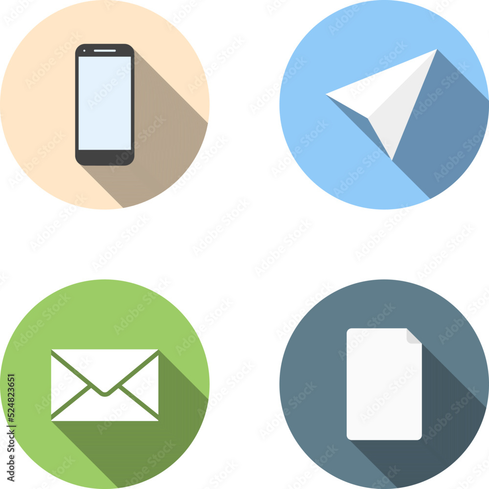 Set of four vector flat icons - phone, plane, mail, list. Material ...