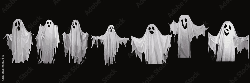 Creepy Halloween background with flying ghosts on black background ...
