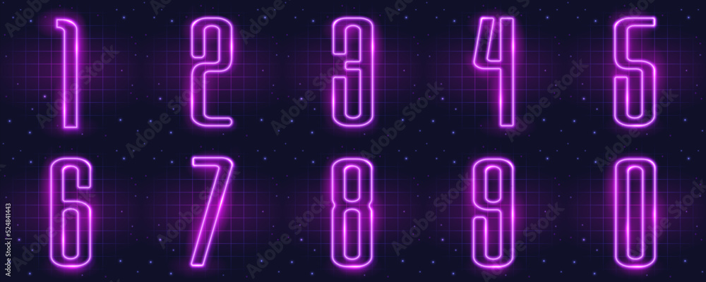 Vector set 3d render of numbers glowing in the dark, pink blue neon ...