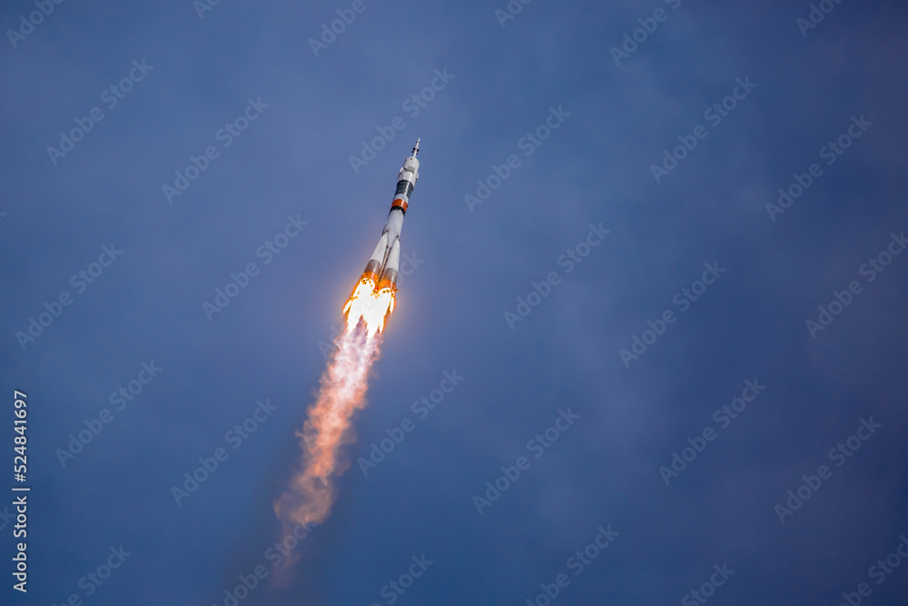 Take-off of a real launch vehicle from a spaceport. A rocket takes off ...