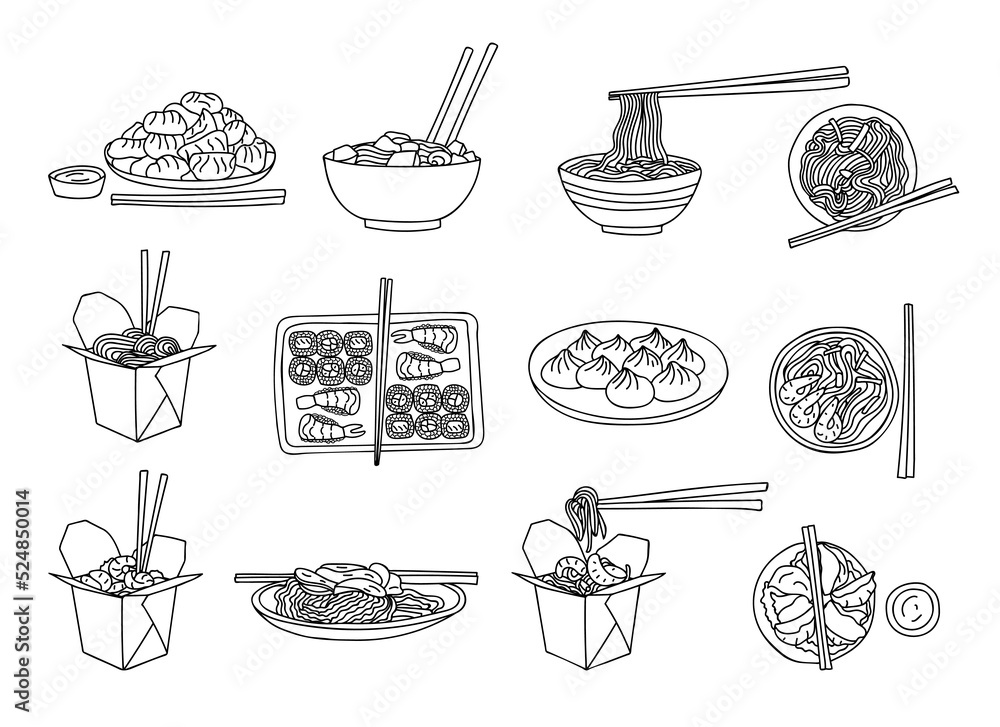 Fototapeta Chinese food doodle illustration set in vector. Japanese ...